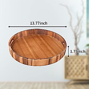 Round Wooden Serving Tray with Handles, 15¾" Large Diameter Wood Serving Trays for Ottoman, Rustic Acacia Circle Tray for Eating, Entertaining, Decorating and Organizing