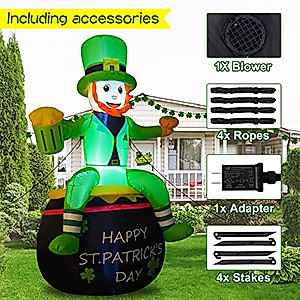 6ft St. Patrick's Day Inflatables Blow Up Outdoor Decorations Leprechaun on Pot of Gold with Beer and Clover Yard Decoration Built-in Led and Fan