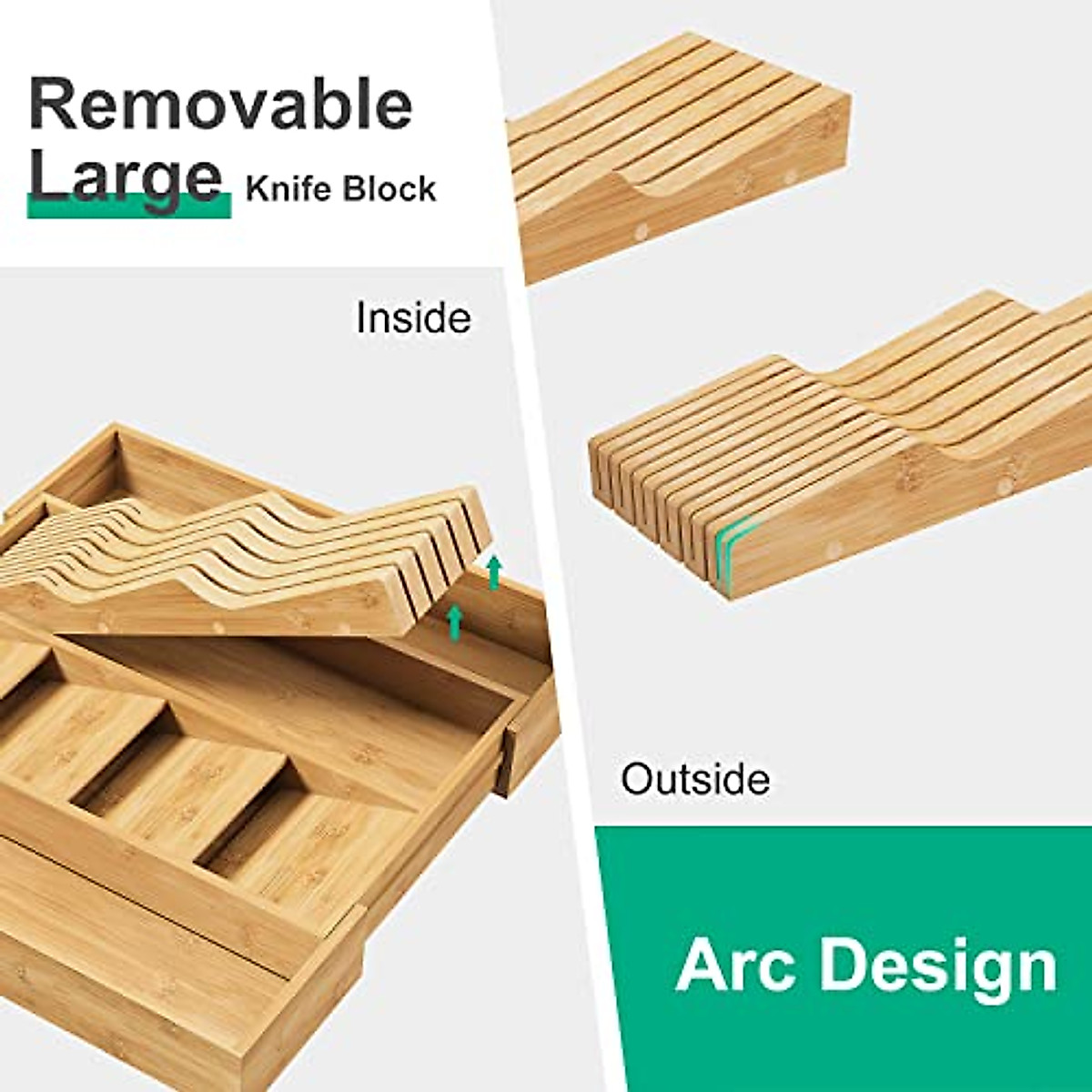 kiplant Bamboo Kitchen Drawer Organizer, Expandable Cutlery Tray Silverware Organizer with Large Knife Blocks for Silverware, Flatware, Knives, Utensil Organizer for Kitchen Drawers