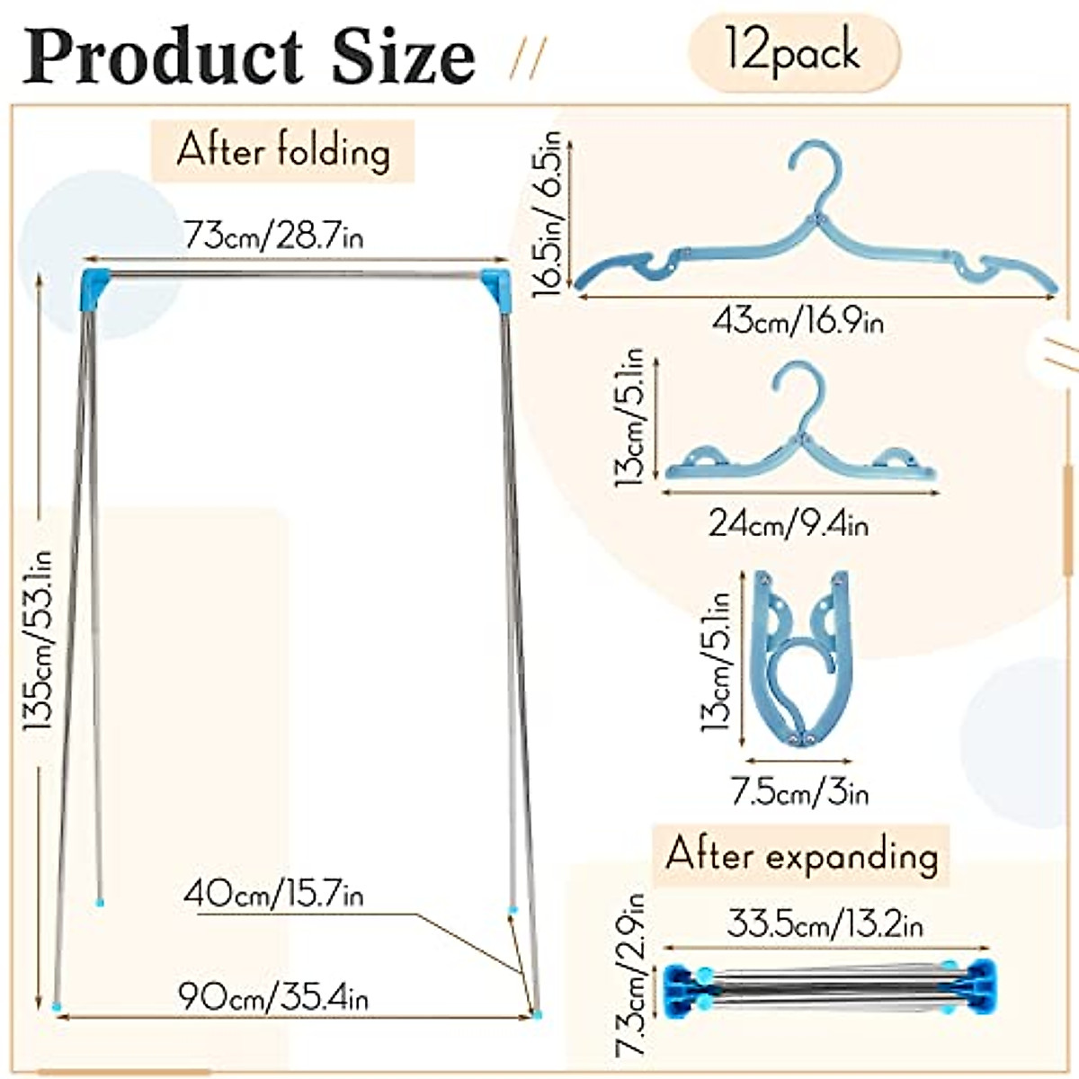 Gerrii Portable Garment Rack and 12 Small Foldable Clothes Hangers Folding Clothes Rack Travel Collapsible Clothing Rack for Indoor Outdoor Drying Laundry Dance Costume Bag Suitcase Camping (Blue)
