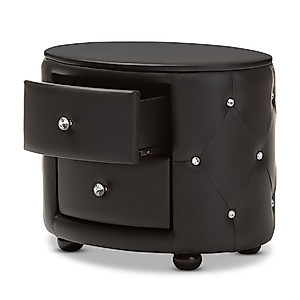 Baxton Studio Davina Hollywood Glamour Style Oval 2-Drawer Faux Leather Upholstered Nightstand, Medium, Black