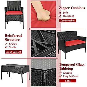 Tangkula 4 Piece Patio Furniture Set, Outdoor Wicker Conversation Set with Tempered Glass Coffee Table, Rattan Loveseat & Chairs Set with Seat Cushions for Backyard, Garden, Poolside (1, Red)