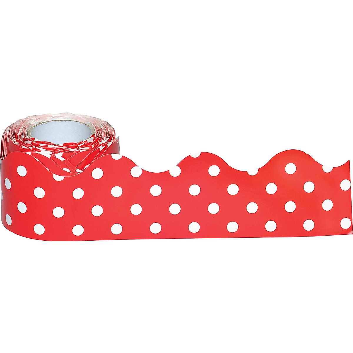 Teacher Created Resources Red Polka Dots Scalloped Rolled Border Trim - 50ft - Decorate Bulletin Boards, Walls, Desks, Windows, Doors, Lockers, Schools, Classrooms, Homeschool & Offices