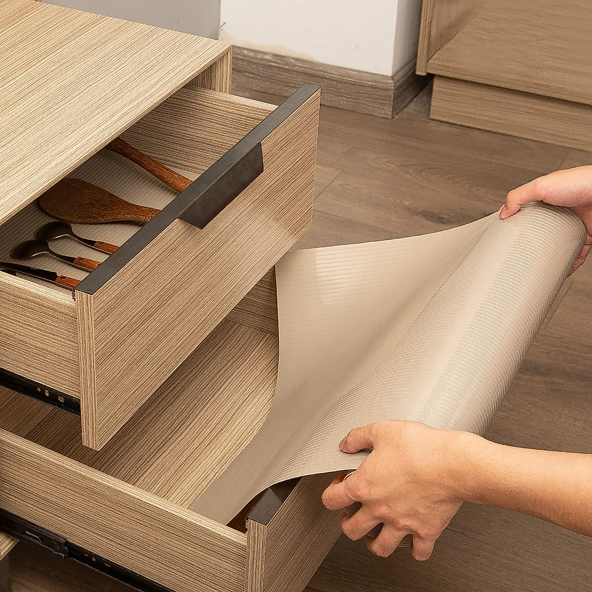 SinhRinh Drawer and Shelf Liner, 17.5IN x 10FT Non Slip Non Adhesive Cabinet Liner for Kitchen and Desk - Beige Ribbed