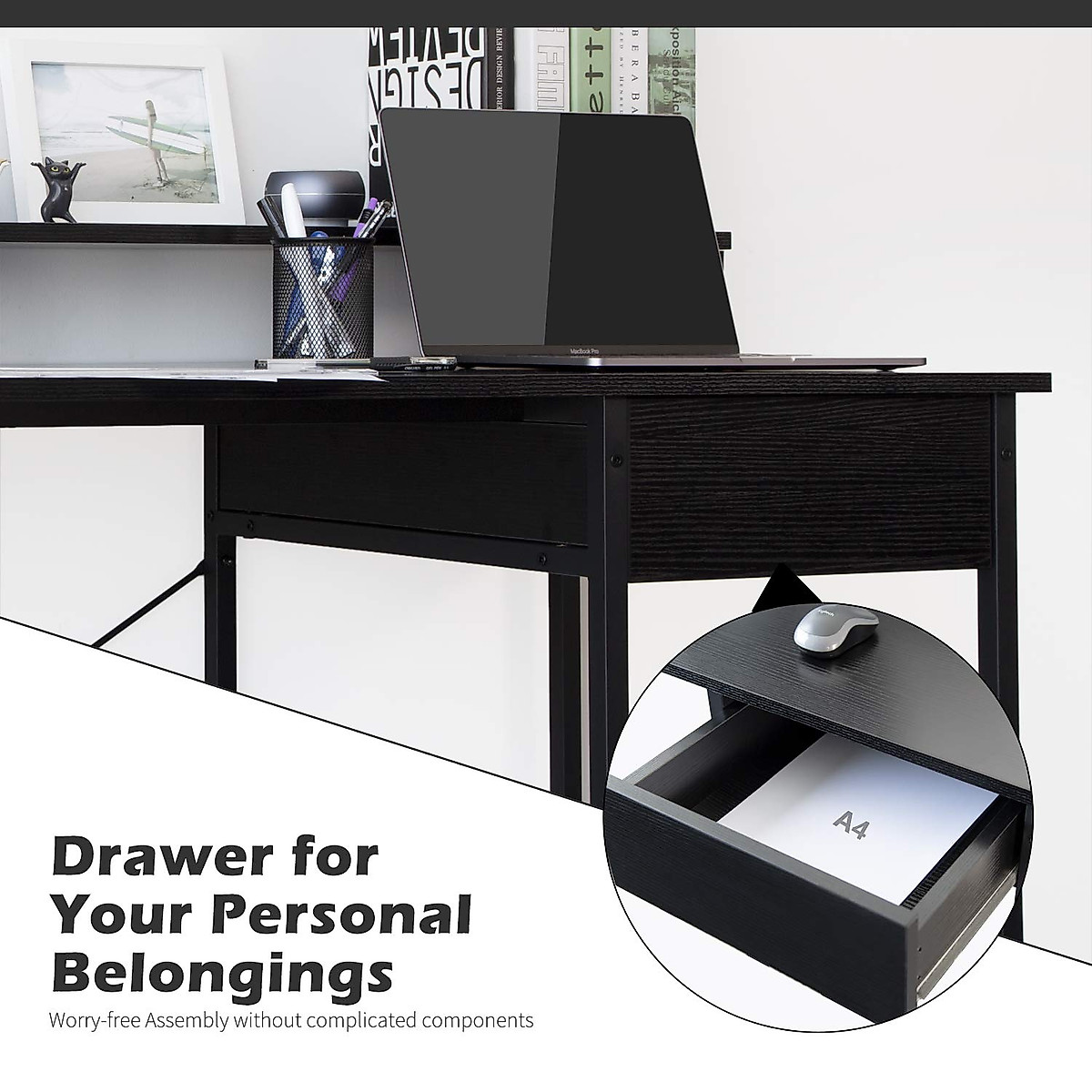 OUTFINE Desk Computer Desk Office Desk with Wodden Drawer, Monitor Stand and Storage Shelves