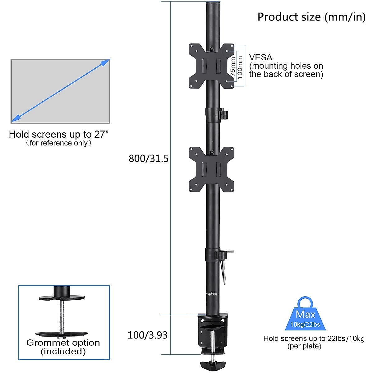 suptek Dual LED LCD Monitor Stand up Desk Mount for 2 / Two Screens up to 27 inch Extra Tall 31.5" Pole Heavy Duty Fully Adjustable Stand Vertical Array (MD6802)