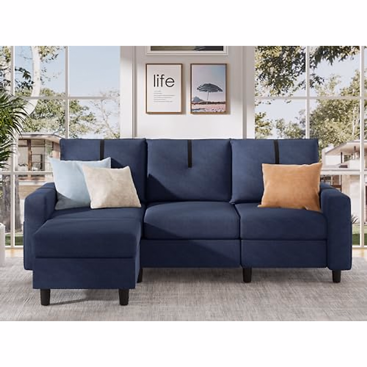 Tornama 80" L Shaped Sectional Sofas 3 Seater Couch with Reversible Ottoman Modern Linen Fabric Small Sectional Couch for Living Room, Apartment, Small Space, Blue