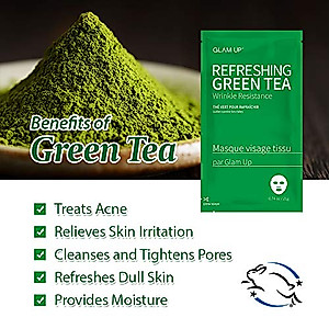 GLAM UP Sheet mask Refreshing Green Tea (10 sheets) - Revitalize Dull Skin. Dark Circle Fighter Nature made Freshly packed Daily Skin Therapy Original K-Beauty Recipe x 10ea