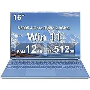 Ruzava 16" Laptop 12+512GB Celeron N5095 (Up to 2.9Ghz) 4-Core Win 11 PC with Cooling Fan 1920 * 1200 2K Screen Dual WiFi Support 2.5" HDD 1TB SSD Expand for Business Study-Blue