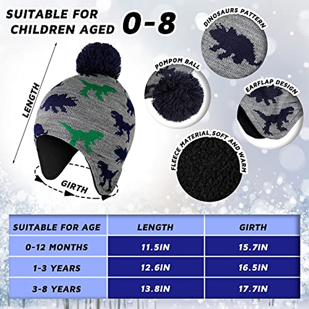Syhood Toddlers Snow Gloves and Hats Knit Beanie Ski Earflap Hat and Gloves Baby Dinosaur Cap for Boy Girl (Black, 3-8 Years Old)