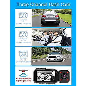 BPYY 3 Channel 4K Dash Cam, 4K+1080P+1080P Front and Rear and Interior, Dash Camera for Cars Built-in 5G WiFi GPS, HD Camera, 24-Hour Parking Mode, WDR, IR Night Vision, G Sensor, Support up to 256G