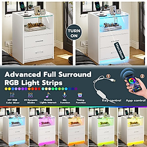 VIAGDO White Nightstand with Charging Station and LED Lights, 2 Drawers LED Night Stand with Tempered Glass Tabletop, Modern End Side Tables with Pull-Out Tray, Open Storage Bedside Tables