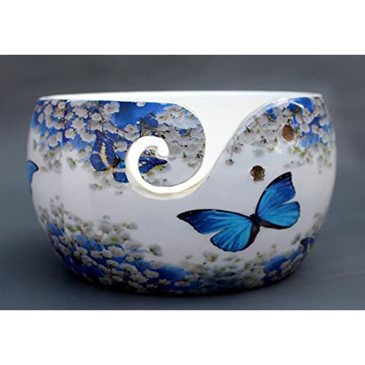 Handmade Wooden Yarn Bowl Crocheting Bowl Round Knitting Wool Storage Yarn Bowl Handmade with Holes with Crochet Hooks for Crocheting Knitting DIY Crafts Tools (Butterfly)