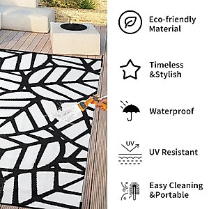 GARTOL 9x12 Outdoor Rug Waterproof, Reversible Plastic Straw Rug for RV, Patio, Backyard, Pool Deck, Picnic, Beach, Camping, Outdoor Carpet Mat (Black & White)