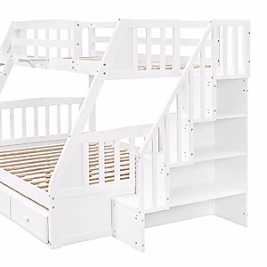 BIADNBZ Twin-Over-Full Bunk Bed with 3 Drawers, Storage Staircase and Ladder, Convertible 2 in 1 Wood Bedframe for Bedroom, Dorm, for Teens, Adults, White