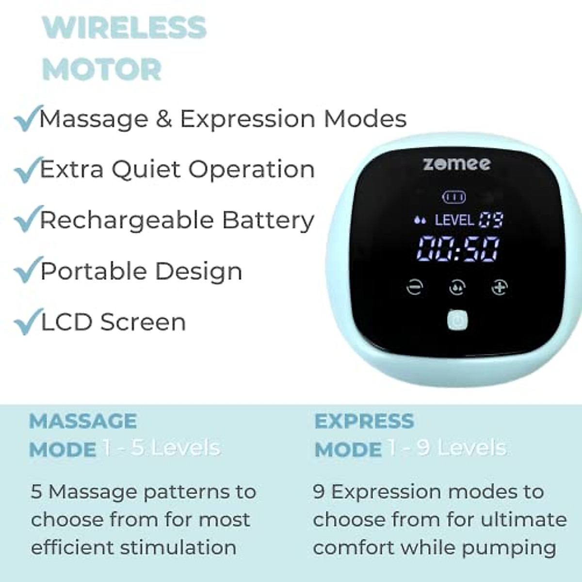 Zomee Z1 Double Electric Breast Pump | Milk Flow Stimulating Massage Mode and 9 Comfortable Suction Levels | LCD Screen | Rechargeable | Portable