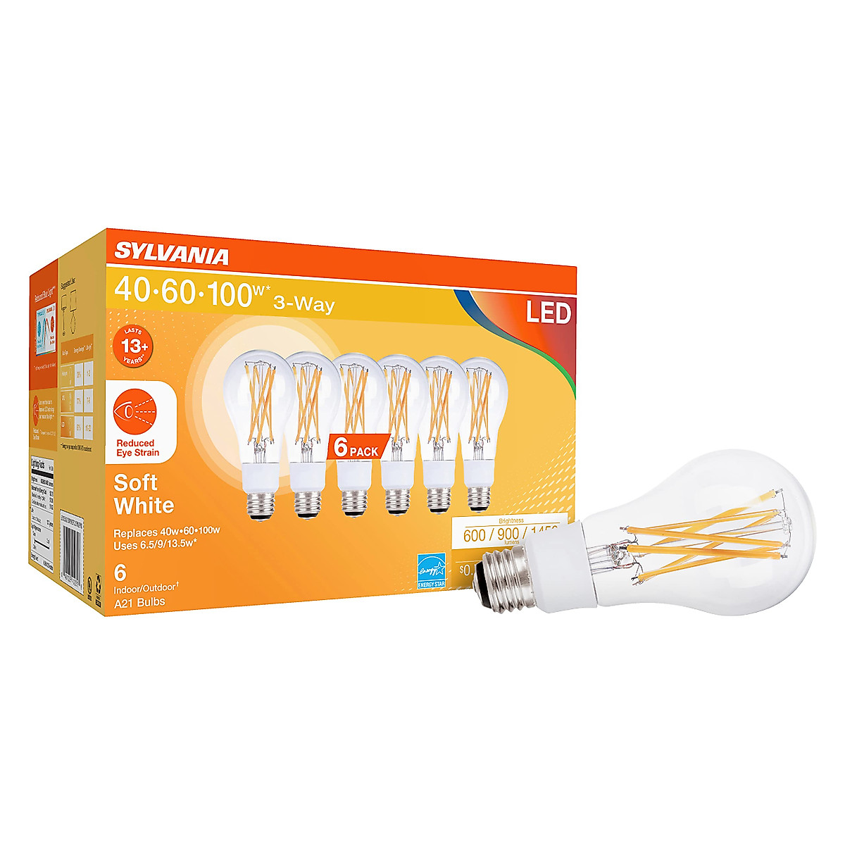 Sylvania Reduced Eye Strain A21 LED Light Bulb, 3-Way 40W / 60W / 100W, 13 Year, Dimmable, Clear, 2700K, Soft White - 6 Pack (41231)