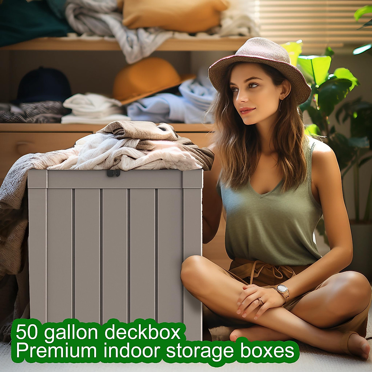 KFY 50 gallon deck box,All-weather resin material outdoorstorage box easy to install and portable,Suitable for indoor and outdoor scenes (light brown)