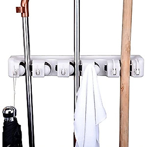 JOEY'Z Mop and Broom Holder Hanging Wall Mounted Rack Organizer, 5 Slots and 6 Hooks