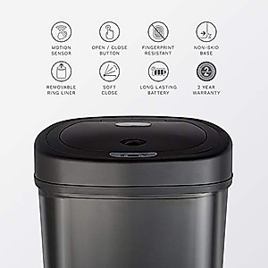 NINESTARS DZT-50-9BK Automatic Touchless Infrared Motion Sensor Trash Can, 13 Gal 50L, Black Steel Base (Oval, Black Lid)