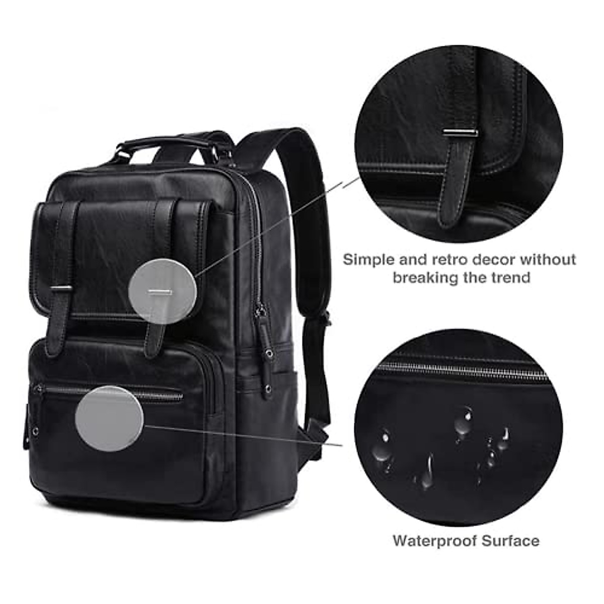 HKZHITOU Laptop Backpack For Men Vintage Leather College Backpack Black Travel Waterproof Bags Fit 16 Inch Notebook