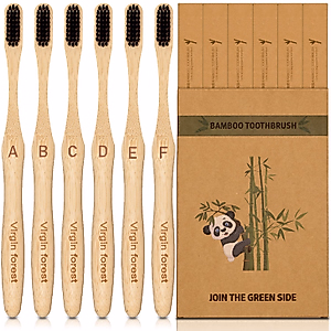 Virgin Forest Bamboo Toothbrush, Biodegradable Bamboo Charcoal Toothbrushes, Natural Eco Friendly Wooden Toothbrush 6-Pack