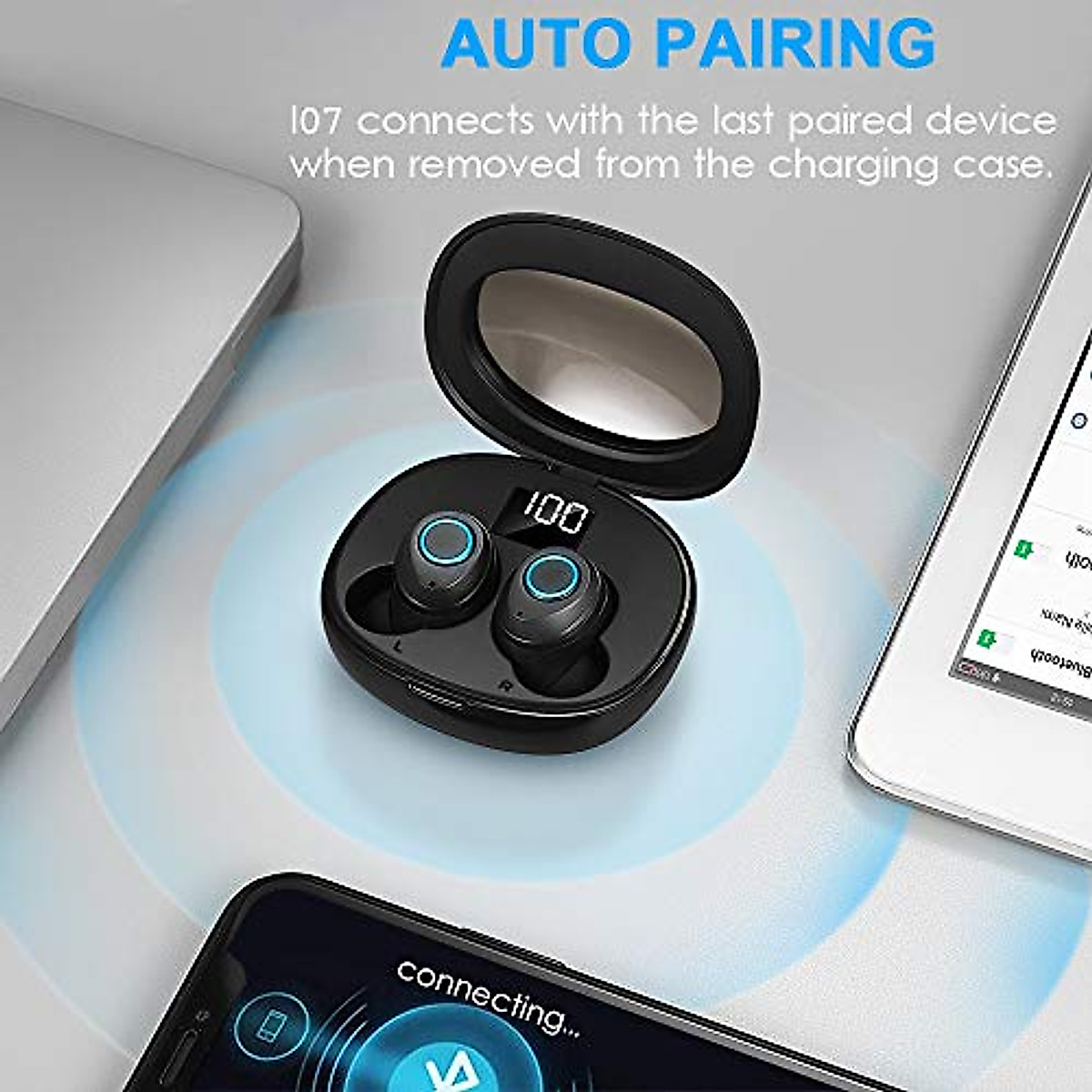 Wireless Earbud, Bluetooth 5.1 Headphones Mini Bluetooth Earbud with HD Mic, Bluetooth Earphones in Ear with USB C Charging Case, IP7 Waterproof Wireless Headphones, Deep Bass, 30H Headset for Sports