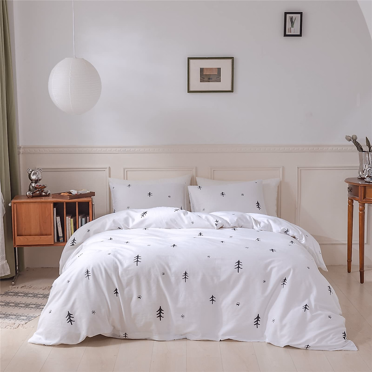 BuLuTu Kids Duvet Cover Full Cotton White/Grey,Premium Boys Girls Bedding Sets Queen,Double Bed Comforter Cover Zipper Closure,Forest Tree Print Pattern,Super Soft,Breathable,No Comforter