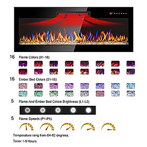 60 inch Recessed Ultra Thin Tempered Glass Front Wall Mounted Electric Fireplace with Remote and Multi Color Flame & Emberbed, LED Light Heater