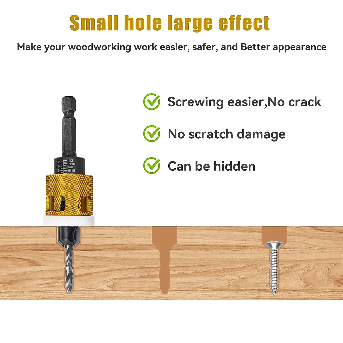 5 Pcs Countersink Drill Bit Set with Low Friction Depth Stop, HSS M2 Bits Tapered Head 1/8" 9/64" 5/32" Drill+3/8” 82° Counter-Bore,11/64" 3/16" Drill+ 1/2" 82° Counter Bore,1/4” Hex Shank(Yellow)