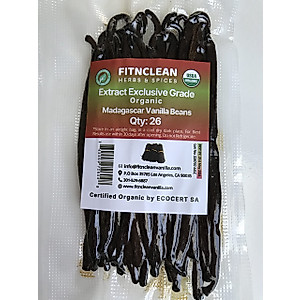 26 Organic Madagascar Vanilla Beans Extract Exclusive Grade B| 4.5" - 5.5" by FITNCLEAN VANILLA| Certified USDA Organic. Bulk Dry Whole Bourbon NON-GMO Pods