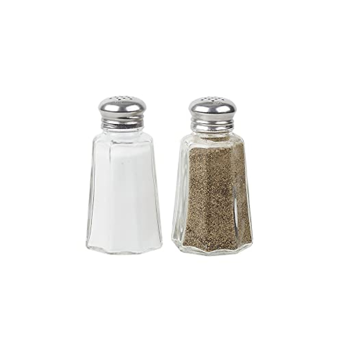(Set of 2) Salt and Pepper Shakers, 1 oz., Flat Paneled Glass Salt and Pepper Shaker with Stainless Steel Top