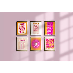 TwoDays Trendy Retro Wall Art, Pink Preppy Room Decor Aesthetic, Cute Teen Girls Apartment Lucky Queen Poster, Funky Affirmation Pictures, Angel Number Prints (8" x 10", Set of 6, UNFRAMED)