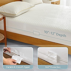 Queen Size Bamboo Rayon Mattress Protector with Zipper - 100% Waterproof Zippered Mattress Cover - Soft & Cooling Noiseless Bed Mattress Covers - Top Removable Mattress Encasement 10-12" Deep