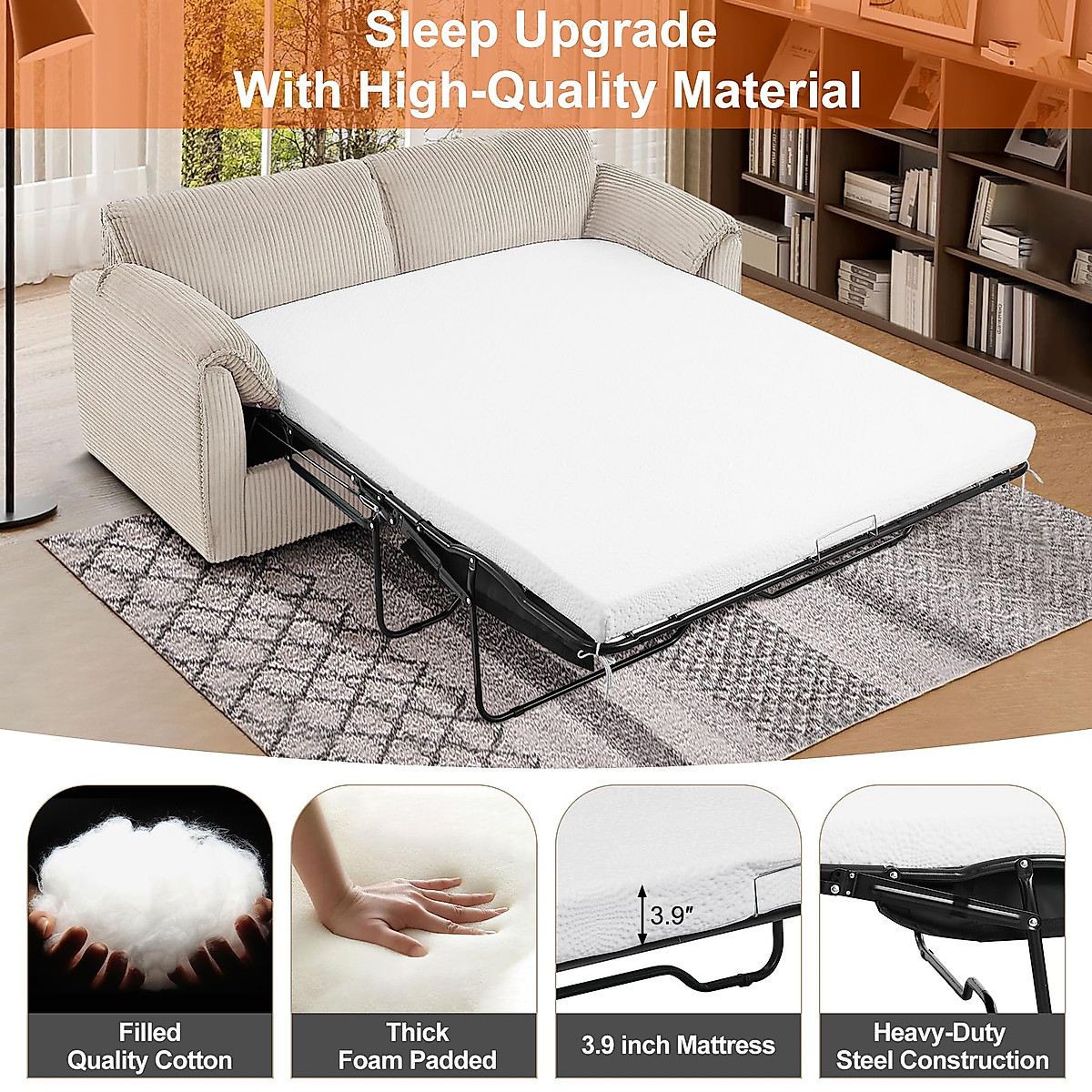 Plococo Pull Out Sofa Bed, Corduroy Queen Sleeper Sofa Couch with Foam Mattress, Large Sofa Sleeper Pullout Couch Bed for Living Room Office, Queen Size (Beige Brown)