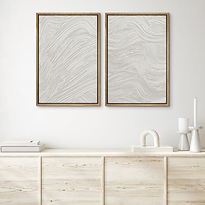 Ashbrook Framed Canvas Print Wall Art Set White Gray Paint Stroke Waves Abstract Shapes Illustrations Modern Art Minimal Decorative Chic for Living Room, Bedroom, Office - 16"x24"x2 NATURAL