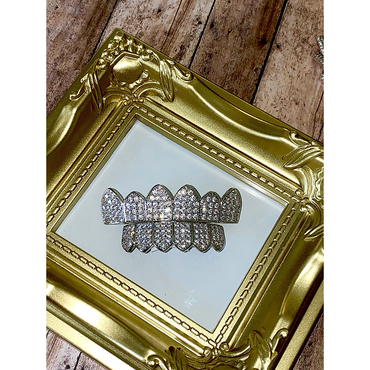 18K White Gold Plated CZ Cluster Custom Slugs Top Bottom Grillz Mouth Teeth Grills Set - Grillz, Teeth Cap, Iced Out Grillz (Silver Top & Bottom Set)