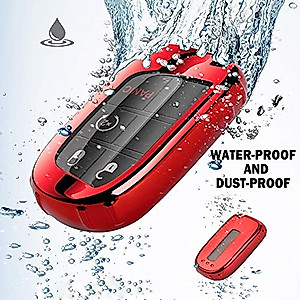 K LAKEY Key Fob Cover,Fit for Jeep Bottons Remote Key Grand Cherokee Renegade Compass Dodge Durango Journey Charger Challenger Key Fob,Smart Key Fob Soft TPU Case Shell with Alloy Keychain Red