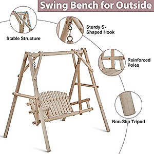 Outdoor Wooden Porch Swing 67 Inch Log Swing with Stand, A-Frame Yard Swing Set Patio Furniture Modern 2 Person Swing Sturdy Garden Bench Swing Rustic Curved Back Swing Chair for Adults