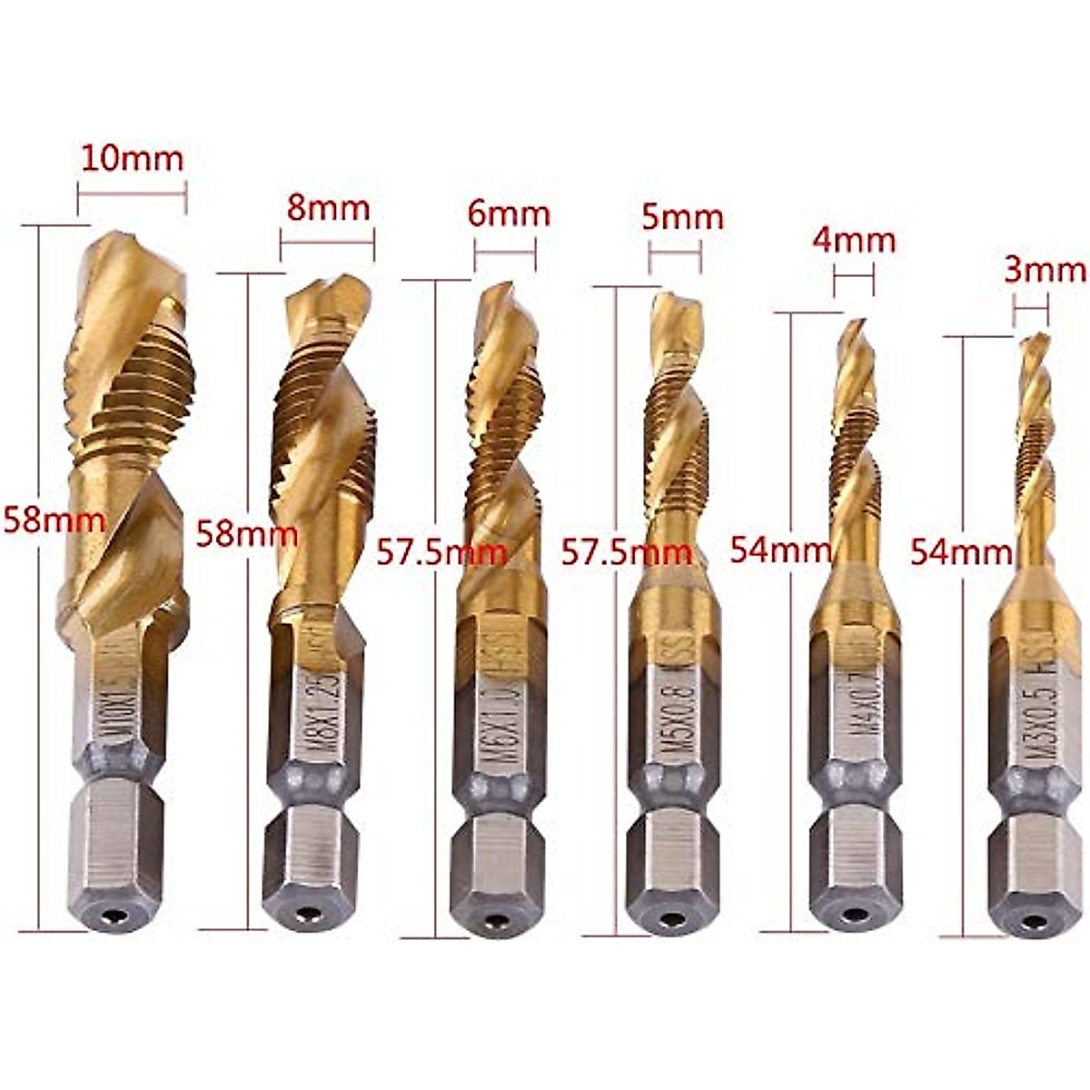 6Pcs M3 M4 M5 M6 M8 M10 Coated HSS Spiral Flute Metric Taps Set Metric Thread Tap Drill and Tap Bits 1/4" Hex Shank Screw Taps Tool Set