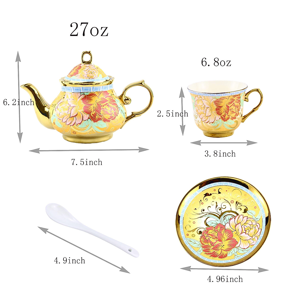 20 Pieces European Ceramic Tea Set for Adults With Metal Holder and Flower Painting (Large Cream Version)