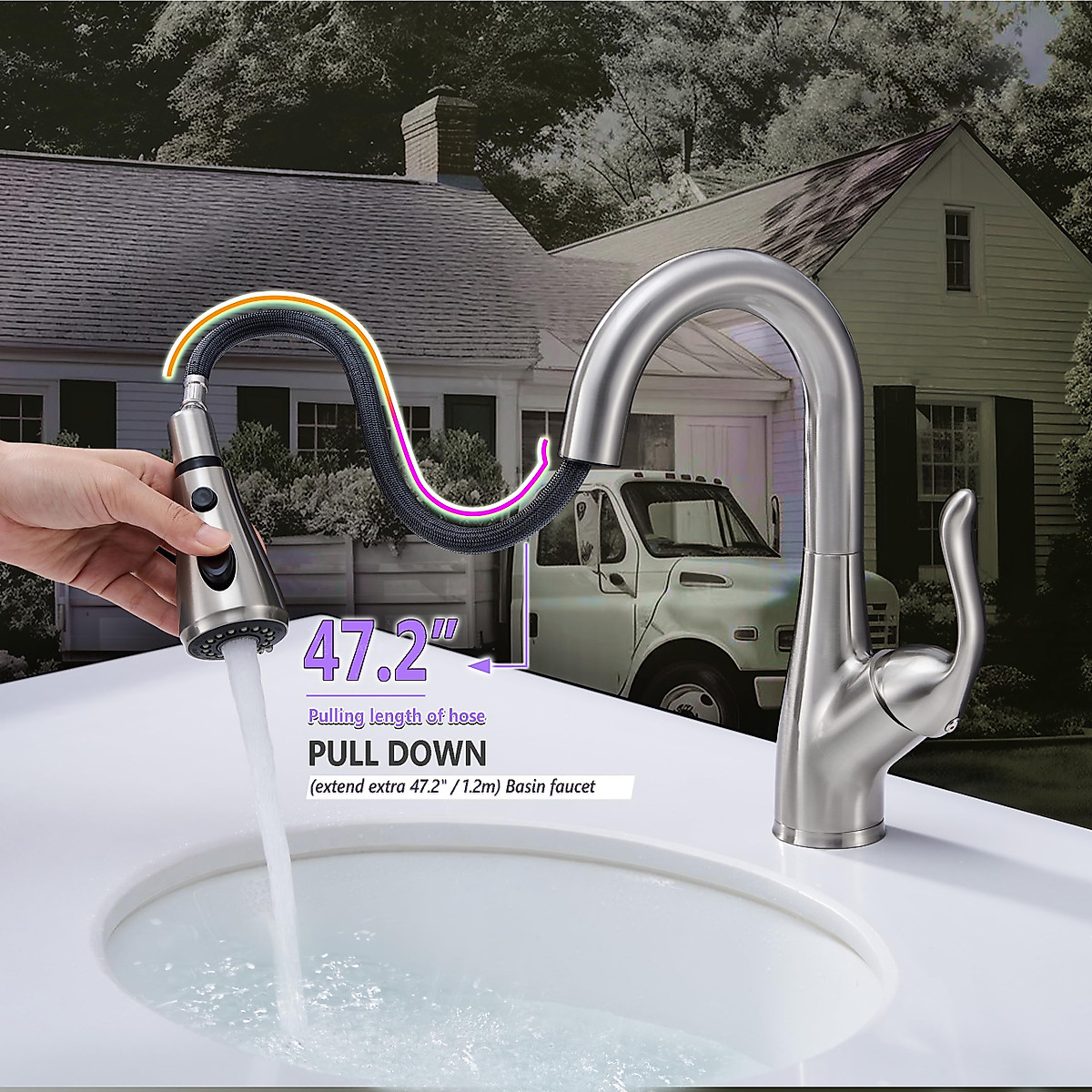 SOOSWEET Single Hole Bathroom Faucet with 3 Function Pull-out Sprayer, Brushed Nickel