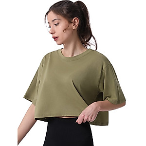 Cosy Pyro 4-Pack Women's Cotton Crop T-Shirts Short Sleeve Solid Cropped Athletic Top Round Neck Casual Workout Yoga Tees Black/Gray/White/Army M