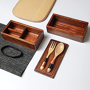 Wood Bento Box, Lunch boxes, Japanese Traditional Natural Square Wooden Lunch Containers Women's Men's Adult Wood Bento Box with Spoon Fork kit