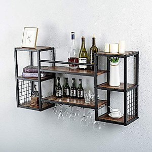 Industrial Hanging Wine Rack Wall Mounted with 5 Stem Glass Holder,47.2in Rustic Wine Glass Rack Wall Mount,Wine Bottle Holder Wall Shelf Wood Shelves,Wine Glass Shelf Metal Floating Bar Shelves