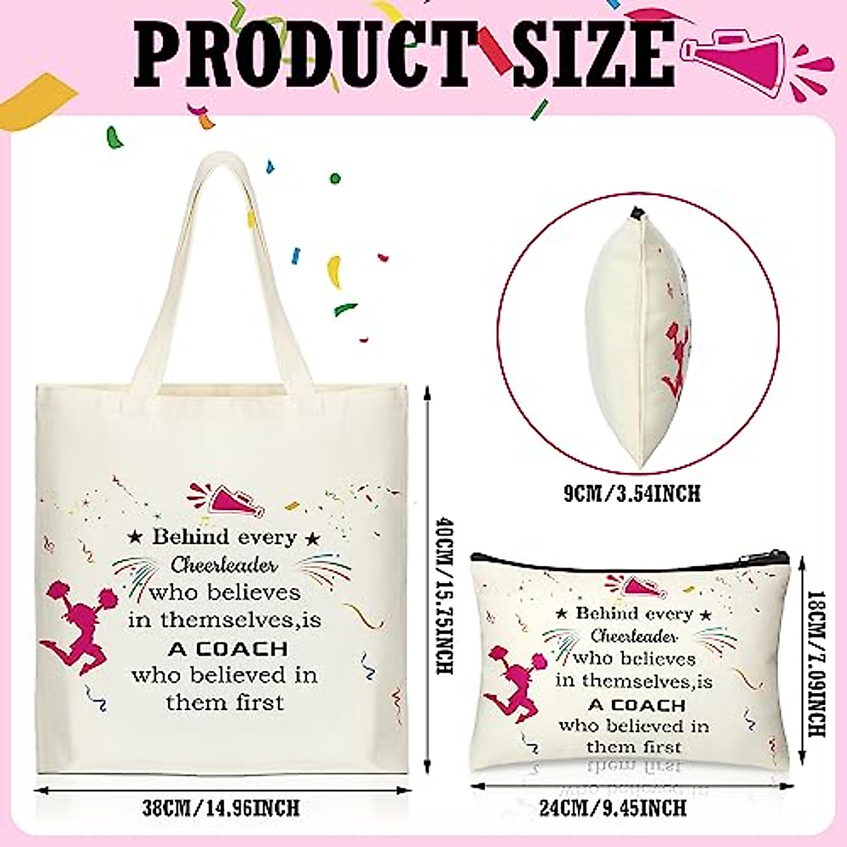 Paterr 2 Pack Cheer Bags for Cheerleaders Cheerleading Gifts Canvas Tote Bag for Women Teams Goodie Stuffers Party Supplies(White)