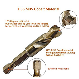 NordWolf 5-Piece M35 Cobalt Stubby Drill Bit Set for Stainless Steel & Hard Metals, with 1/4" Hex Shank for Quick Chucks & Impact Drivers, SAE Sizes 5/32"-13/64"-9/32"-11/32"-3/8" in Storage Box