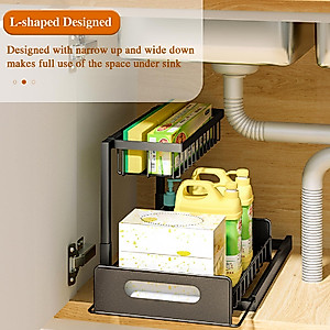 Under Sink Organizers and Storage Pull Out Cabinet Organizer and Storage Metal 2 Tier Under Sink Drawer Organizer Bottom Drawer Slide Out Under Sink Storage Shelf For Kitchen Bathroom, Black