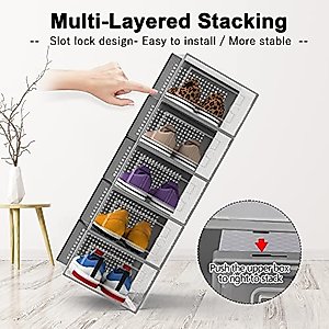 Kuject Shoe Organizer Storage Boxes for Closet 12 Packs Grey, Clear Plastic Stackable Shoe Storage Bins with Drawers & Lids, Under Bed Shoe Storage Containers For Entryway, Closet, Drop Front