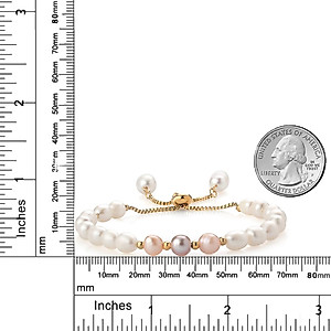 Gem Stone King Multicolor Cultured Freshwater Pearl Box Chain Yellow Gold Plated Bracelet For Women with Slider Clasp Fully Adjustable Up to 9 Inch